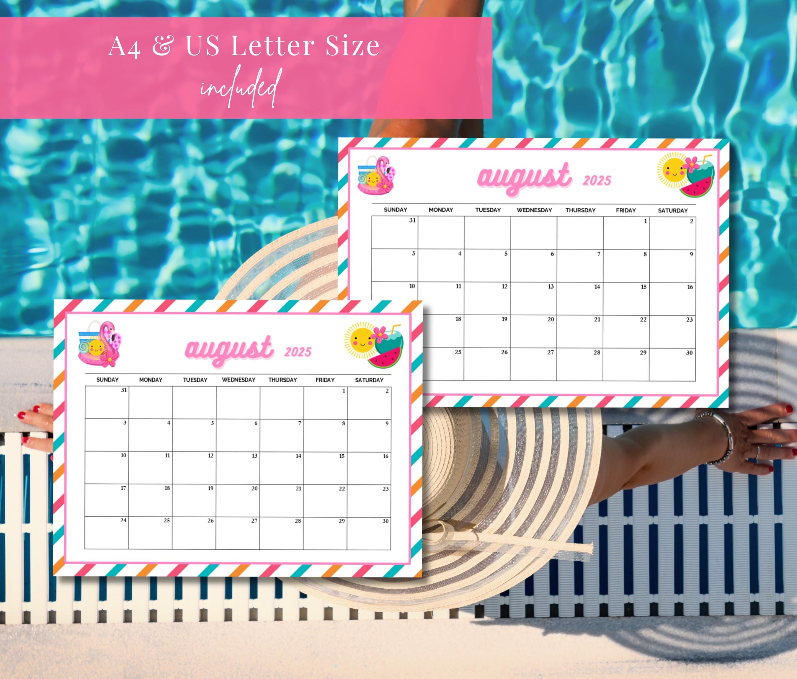 Editable August 2025 Calendar, Printable Classroom Calendar, Summer ...