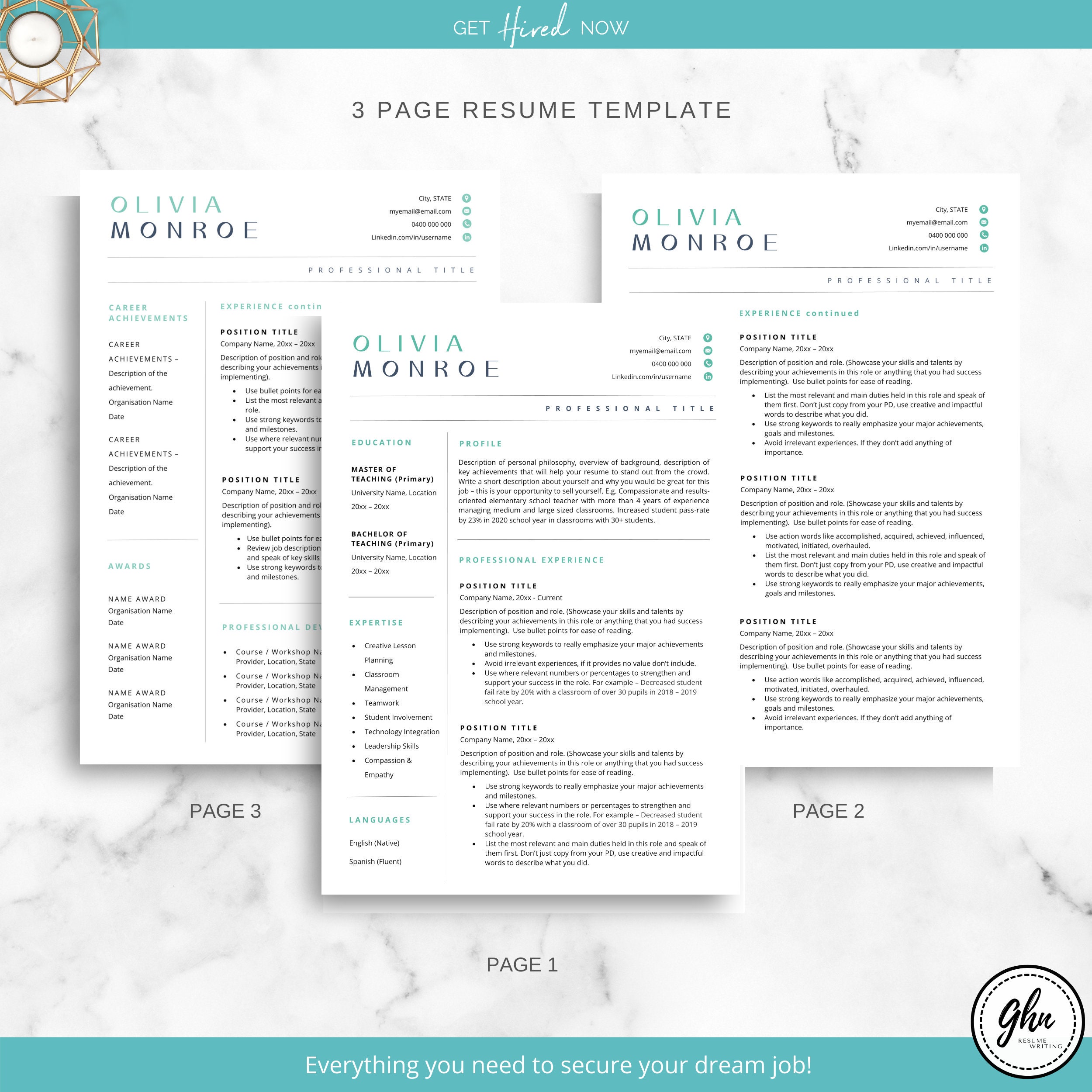 Teacher Resume Template for Word Teacher CV Template | Etsy