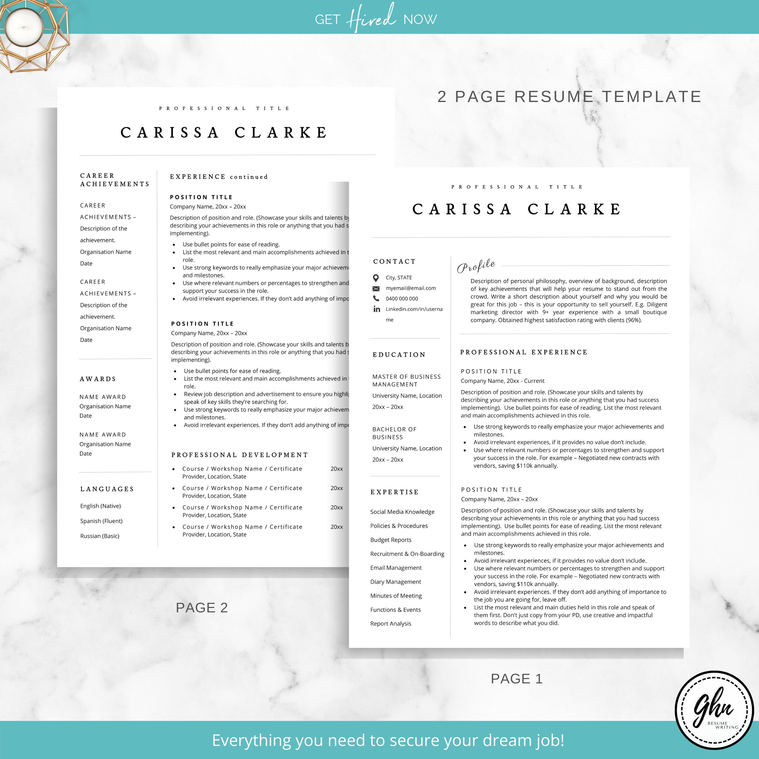 Sales & Marketing Resume Template for Word Advertising | Etsy