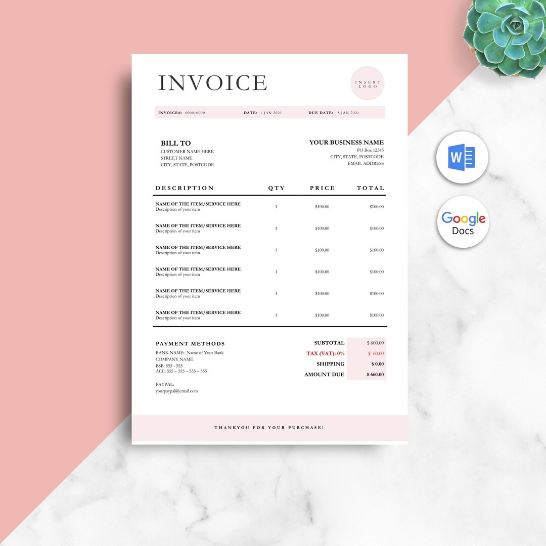 Invoice Template for Word & Google Docs Invoice Template - Etsy