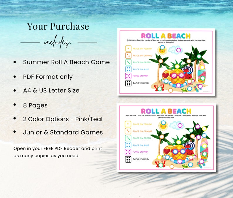 Summer Roll A Beach Game, Printable Roll Dice Game, Dice Game for Kids ...