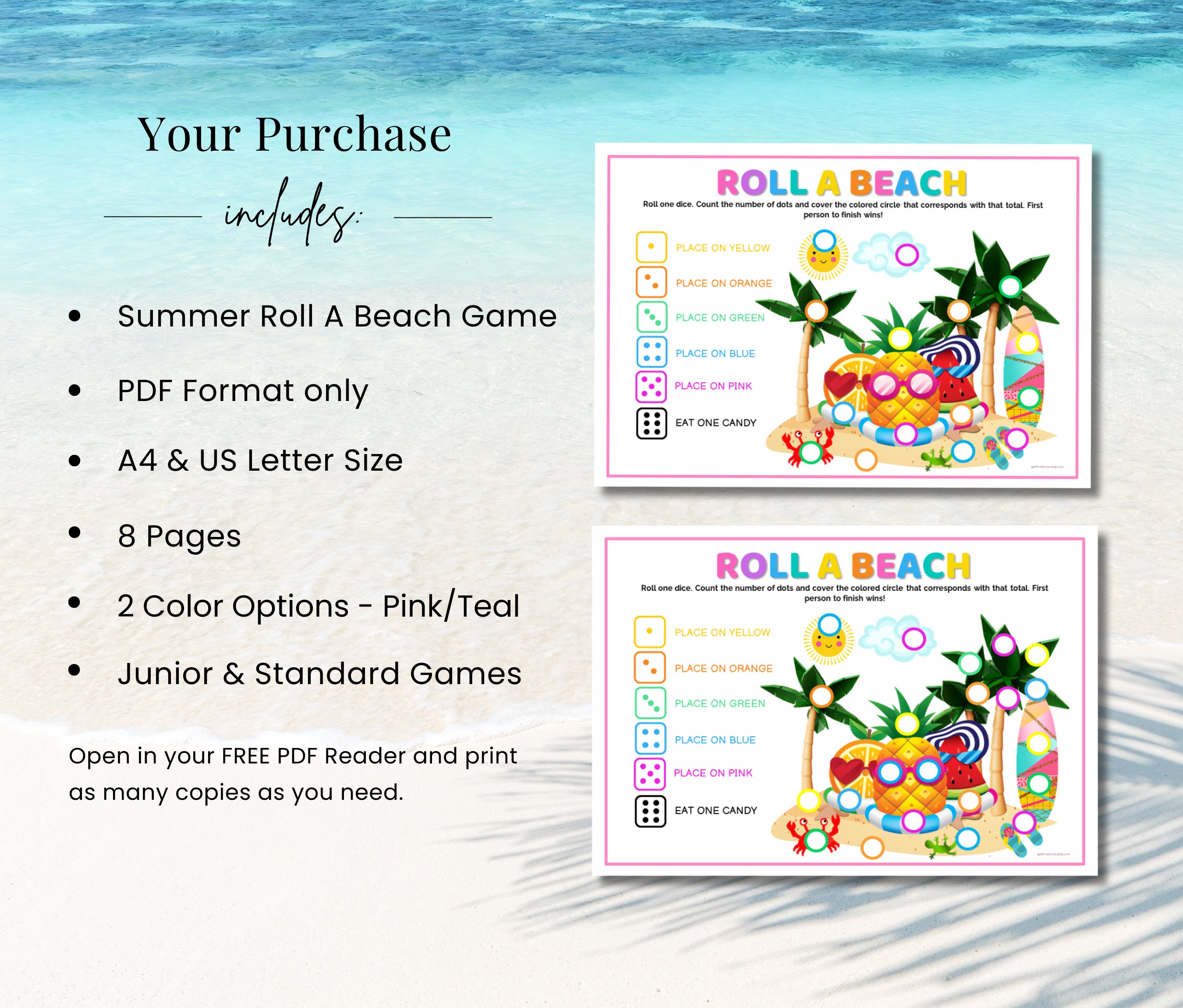 Summer Roll A Beach Game, Printable Roll Dice Game, Dice Game for Kids ...