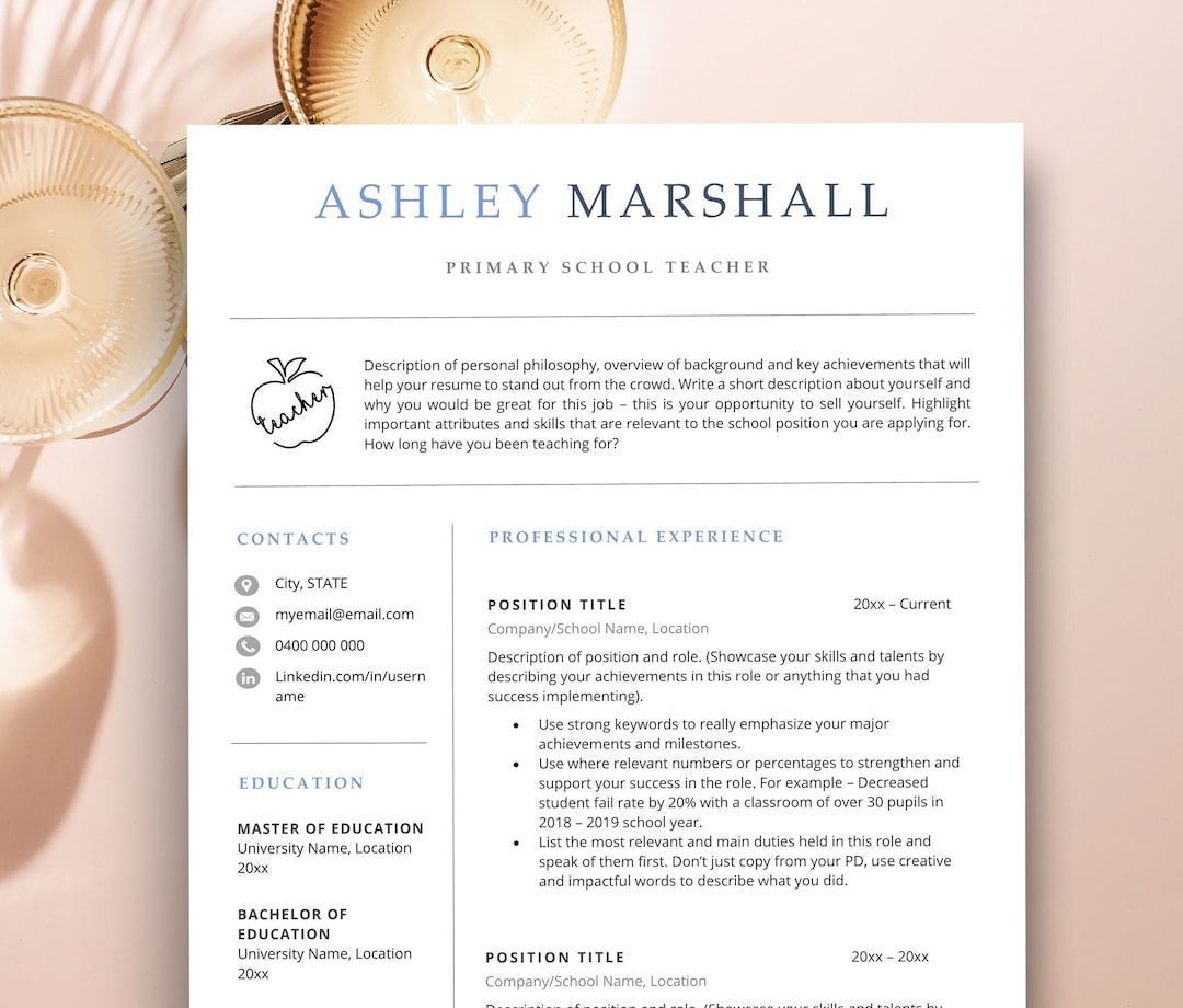 Teacher Resume Template for Word & Google Docs, Teacher CV Template ...