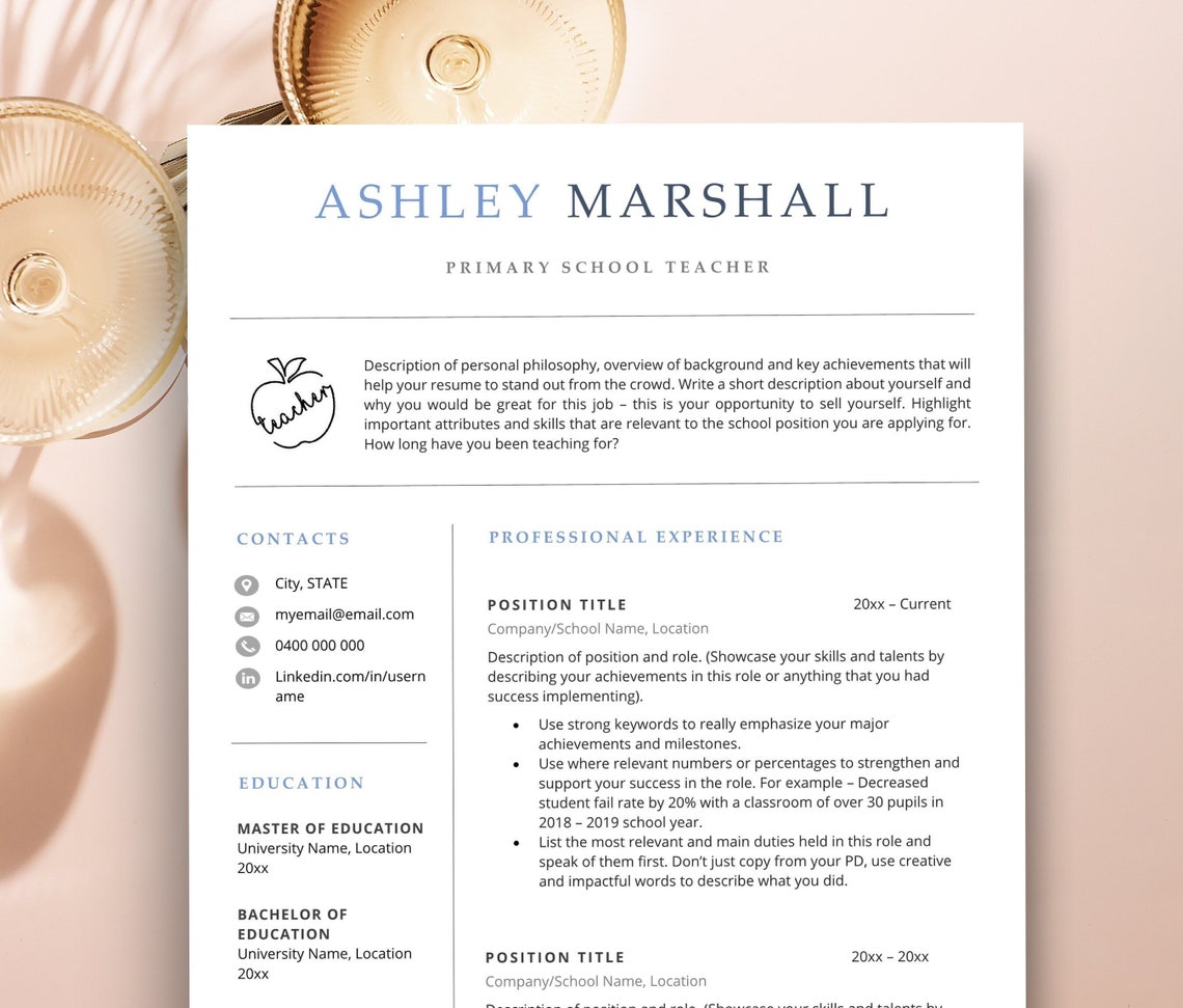 Teacher Resume Template for Word & Google Docs, Teacher CV Template ...