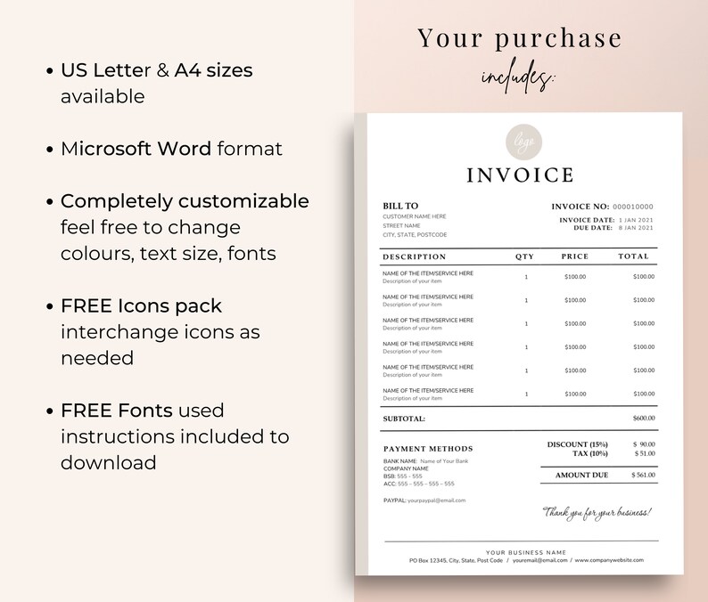 Minimalist Invoice Template, Small Business Invoice Template, Interior ...