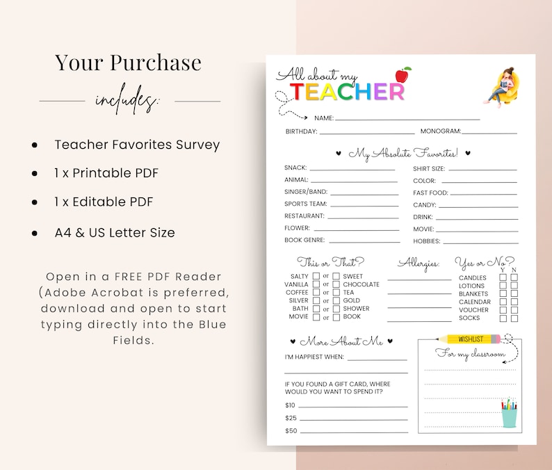 All About My Teacher, Teacher Appreciation Week, Teacher Survey ...