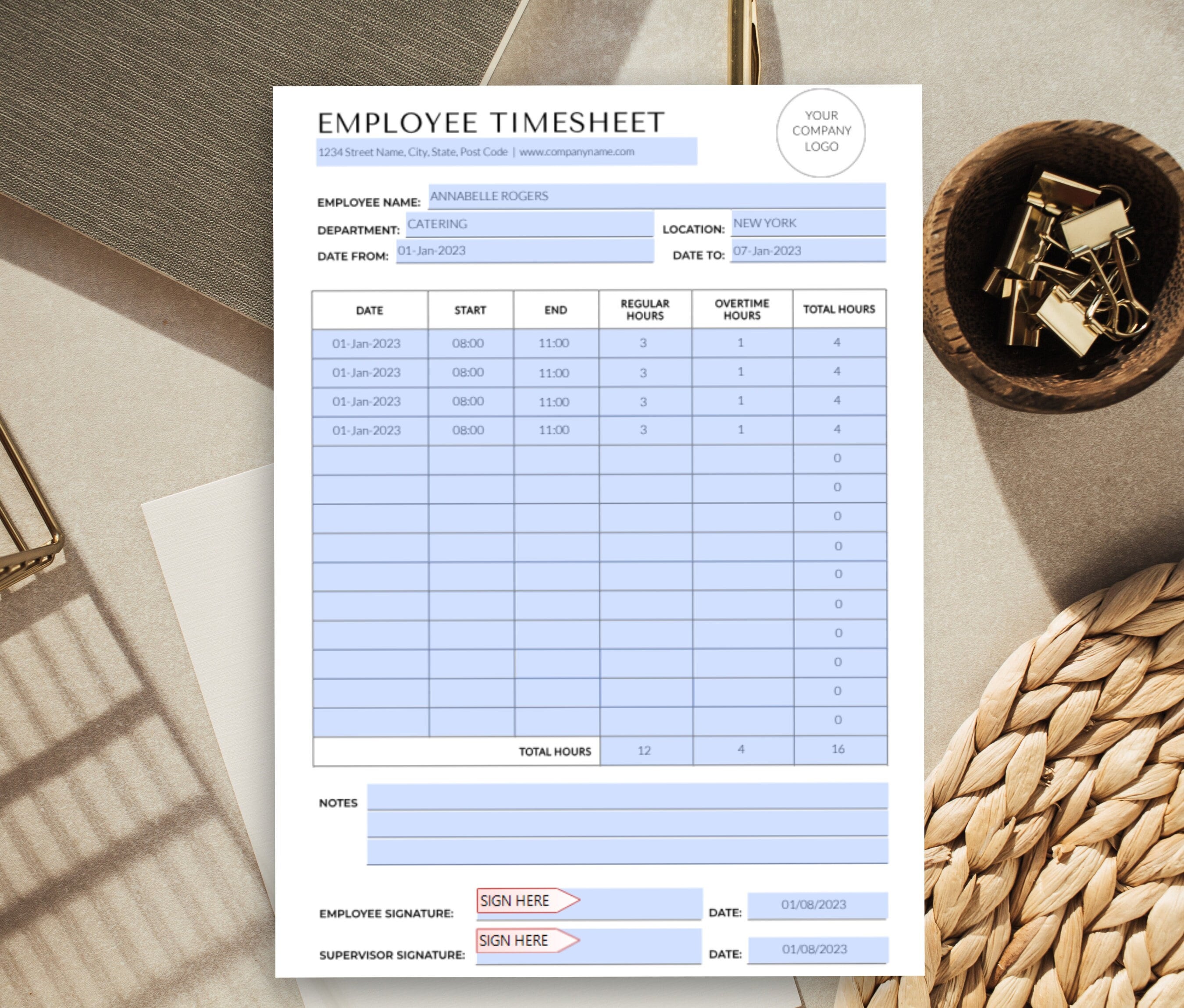 Employee Timesheet, Editable Timesheet, Time Card, Time Tracker ...