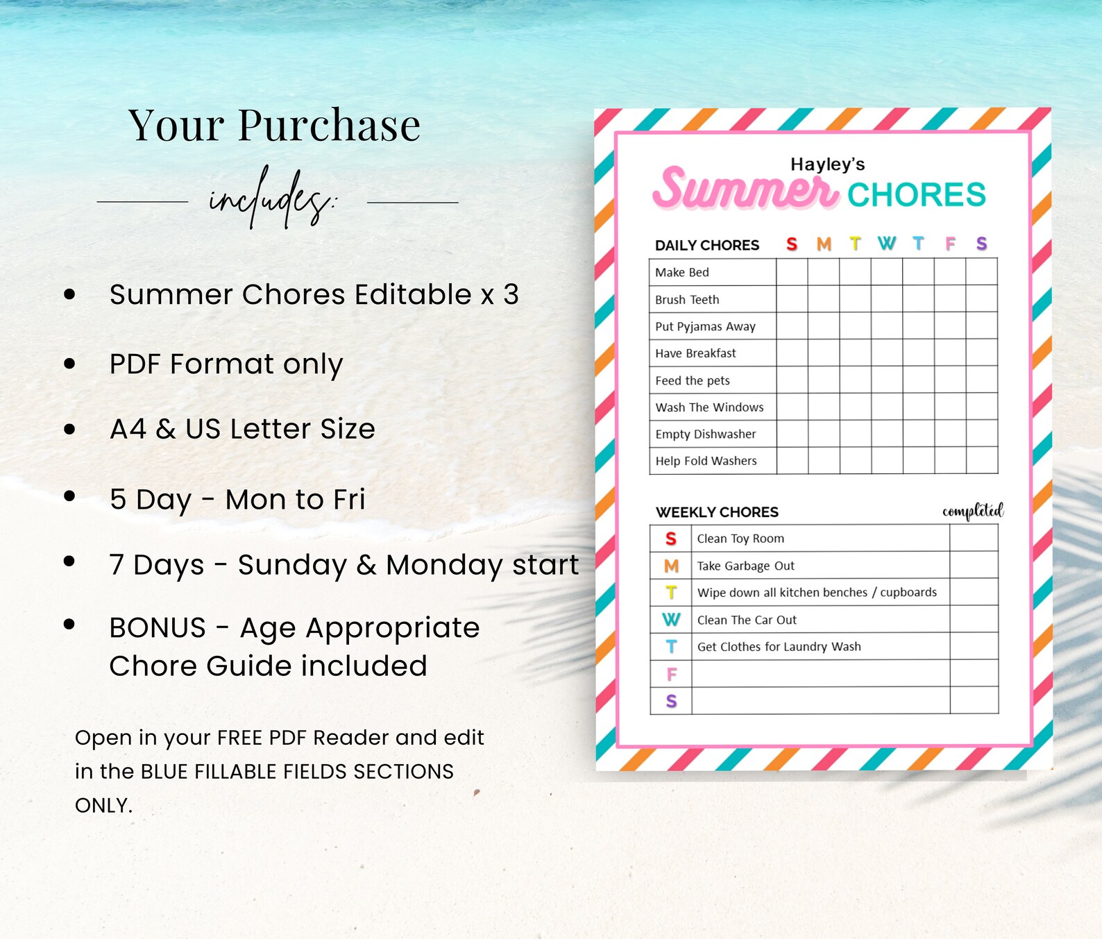 Summer Chore Chart, Summer Checklist, Chore Chart for Kids, Chore List ...