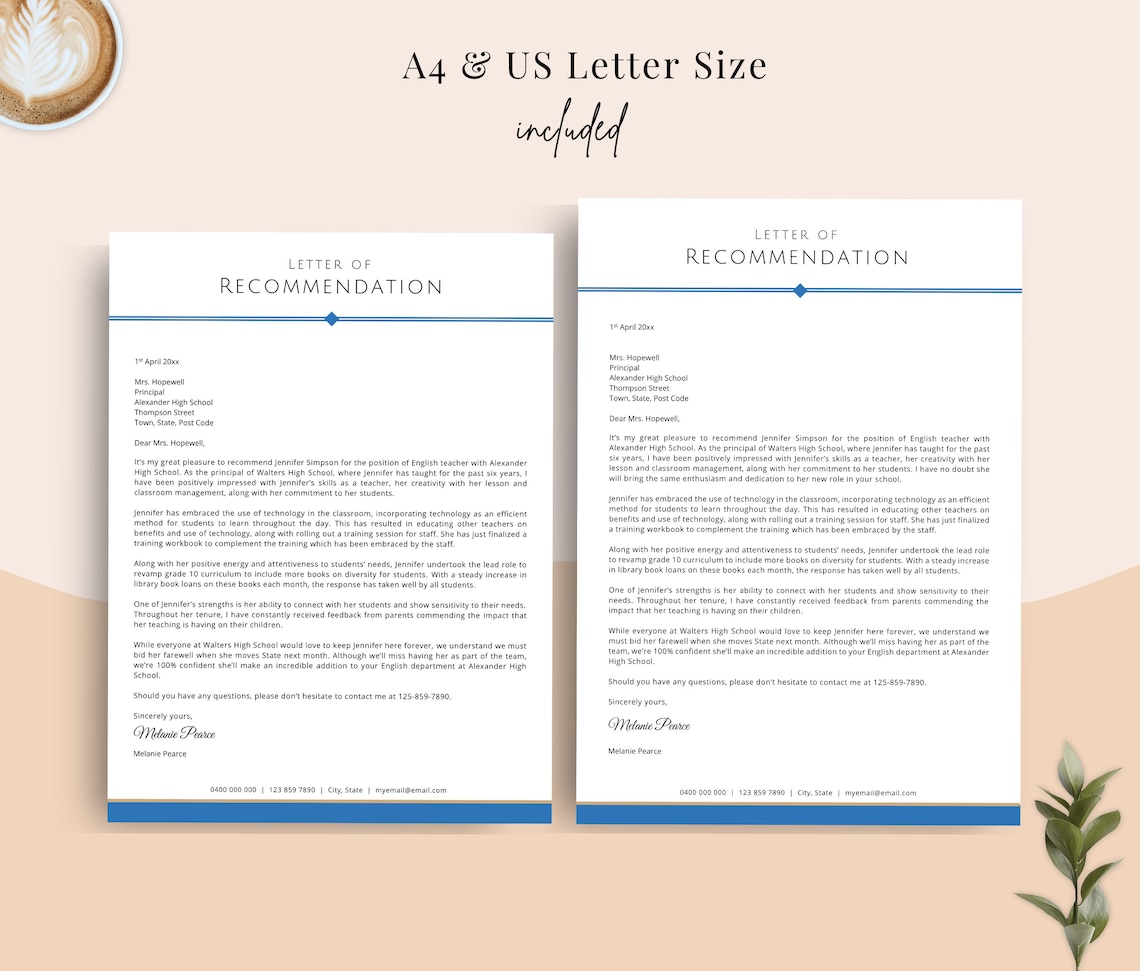 Letter of Recommendation Template, Reference Letter for a Teacher, MS ...
