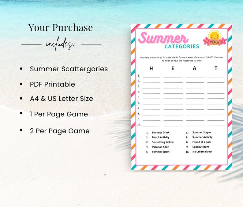 Summer Scattergories Game, Summer Party Game, Summer Word Game, Fun ...
