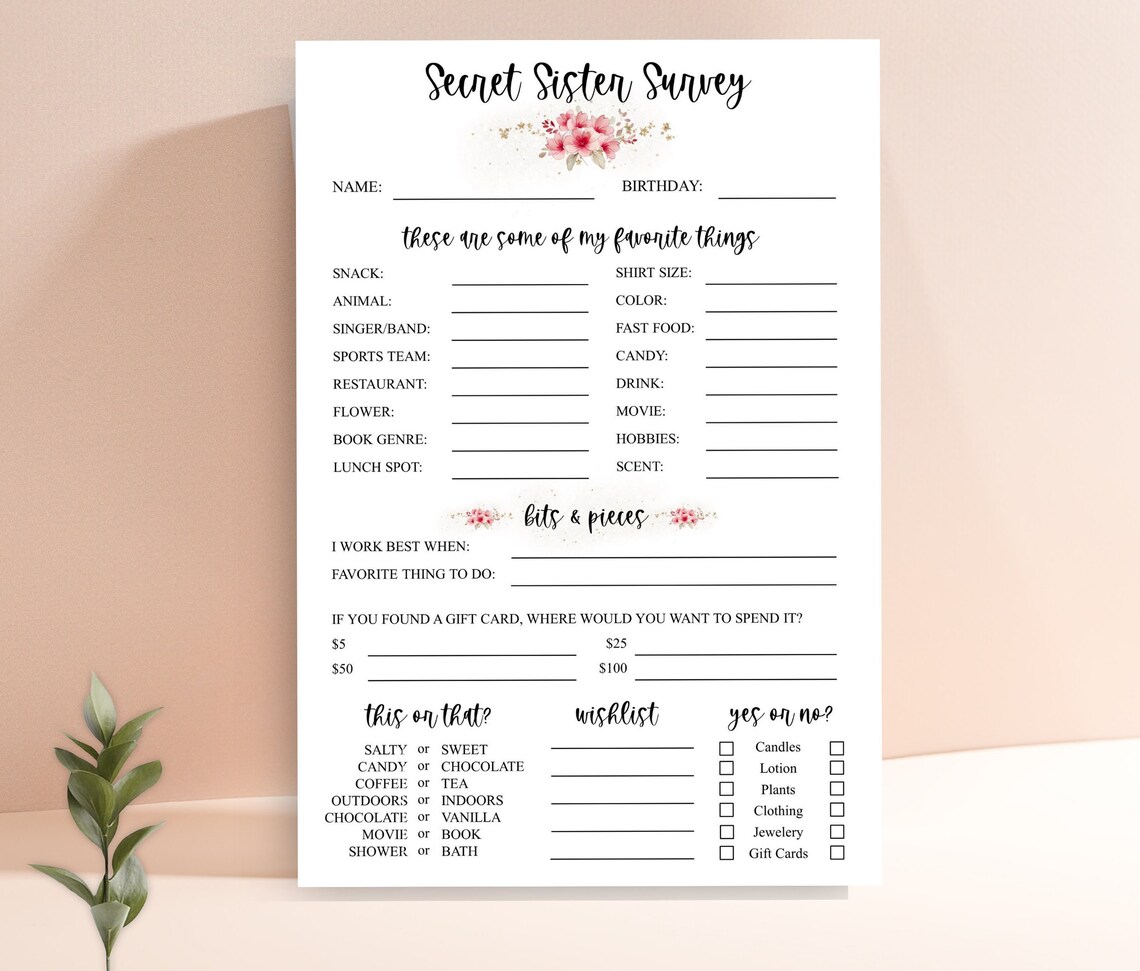 Secret Sister Questionnaire Get to Know You Template (Download Now) - Etsy