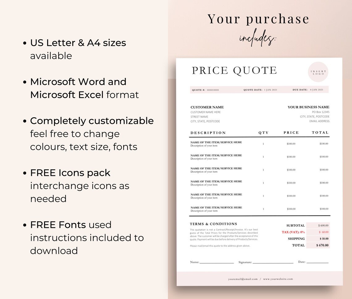 Price Quotation Template, Job Estimate Form, Editable Quotation ...