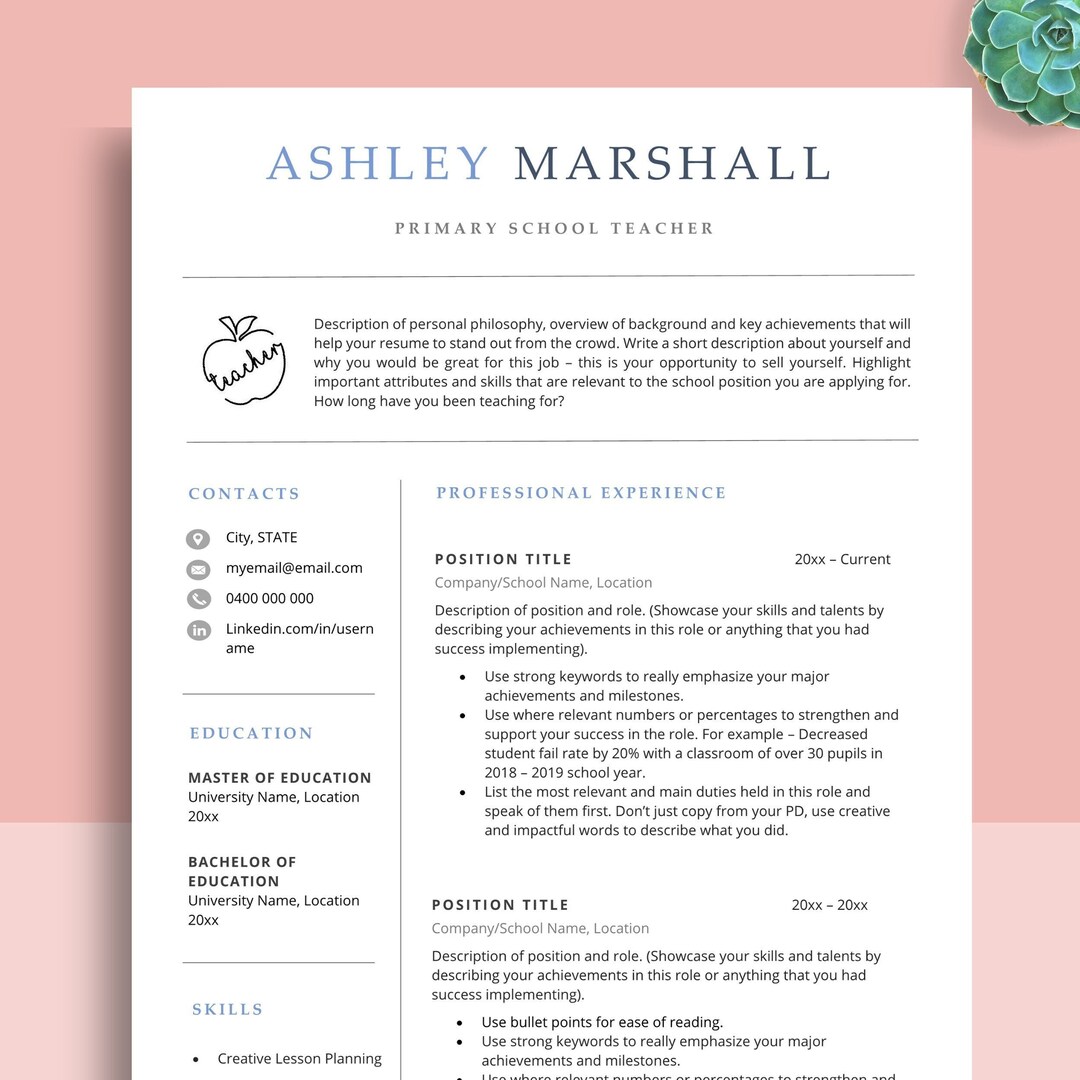 Teacher Resume Template for Word & Google Docs Teacher CV - Etsy