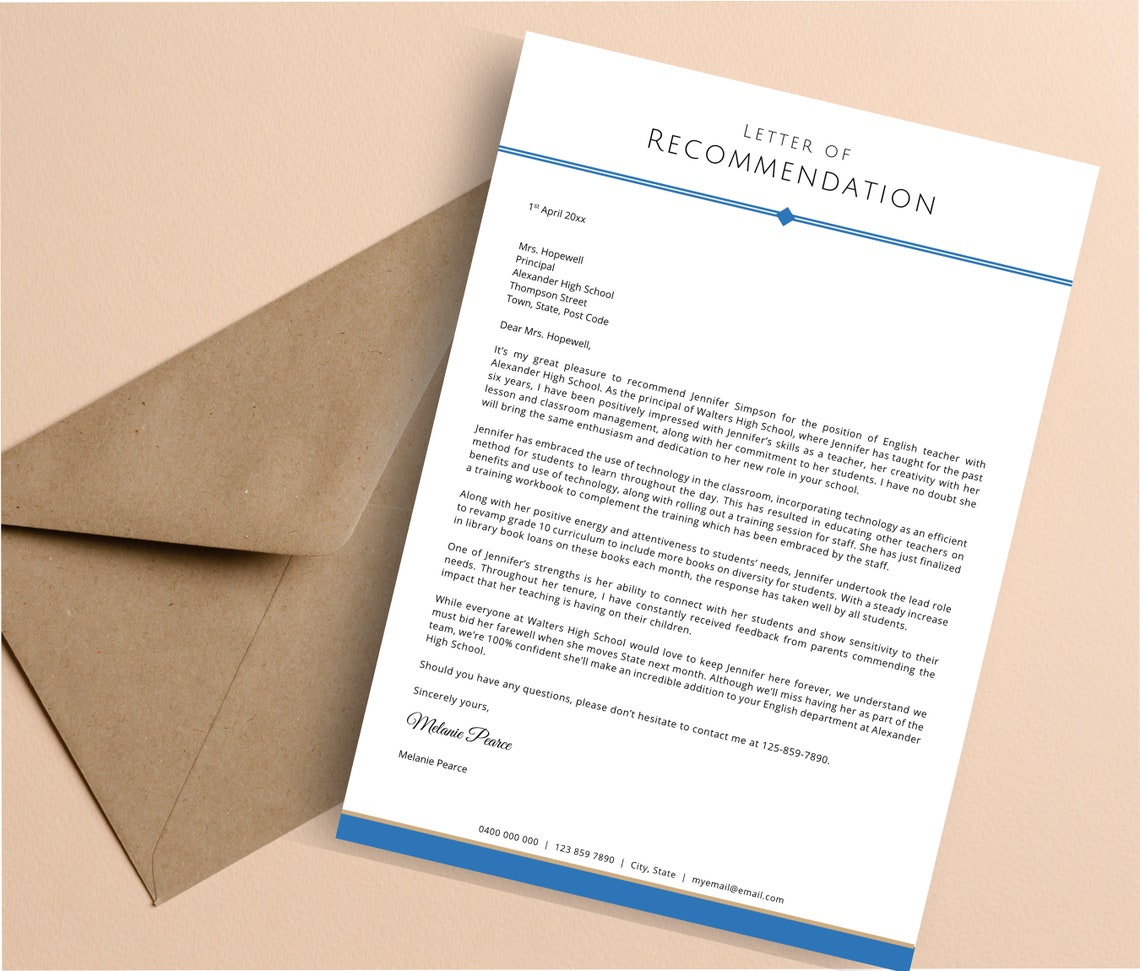 Letter of Recommendation Template, Reference Letter for a Teacher, MS ...