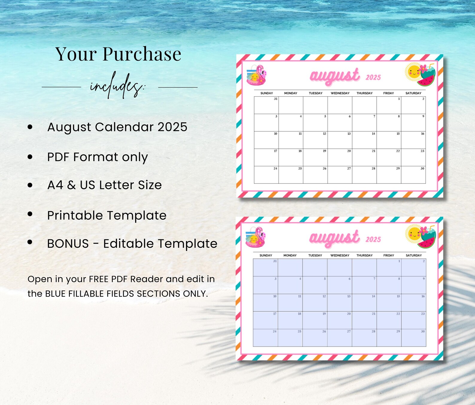 Editable August 2025 Calendar, Printable Classroom Calendar, Summer ...
