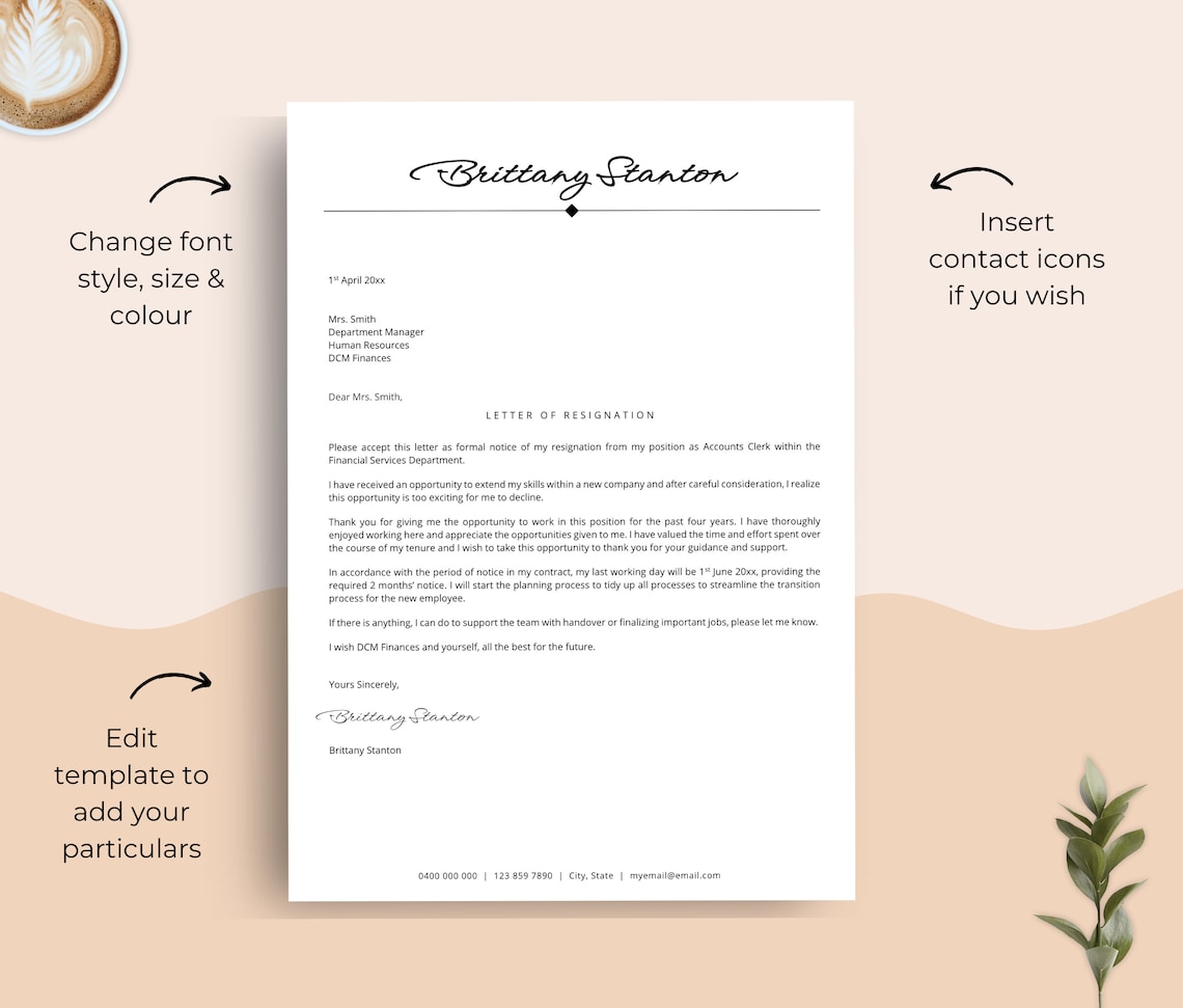Letter of Resignation, Resignation Letter Template, MS Word & Pages, 2 ...