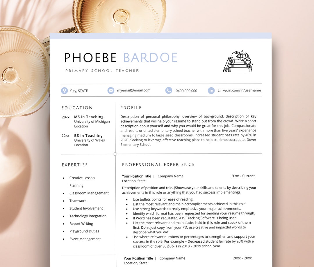 Elementary Teacher Resume Template Teacher CV Template MS - Etsy