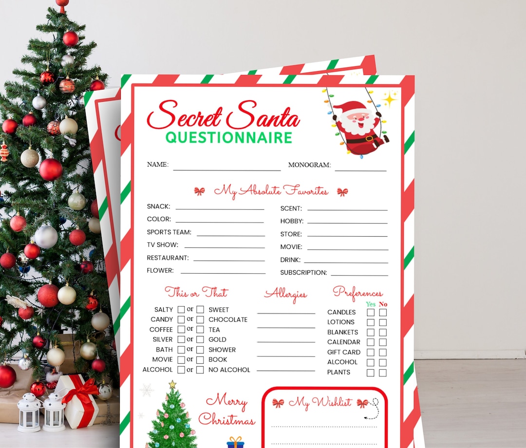 Secret Santa Gift Exchange Questionnaire, Work Secret Santa, Holiday ...