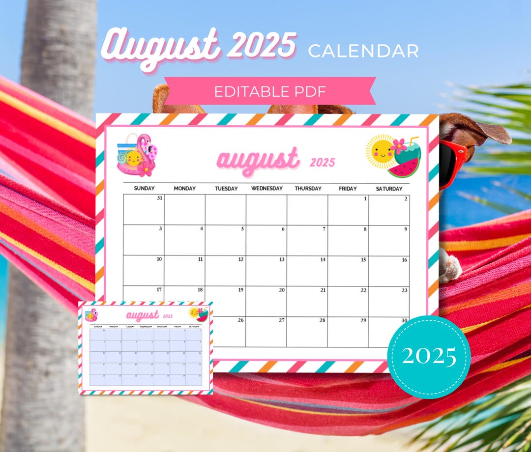 Editable August 2025 Calendar, Printable Classroom Calendar, Summer ...