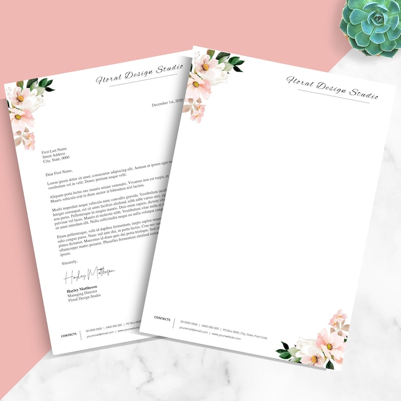 Floral Letterhead Template Personal Letterhead for Word - Etsy Denmark