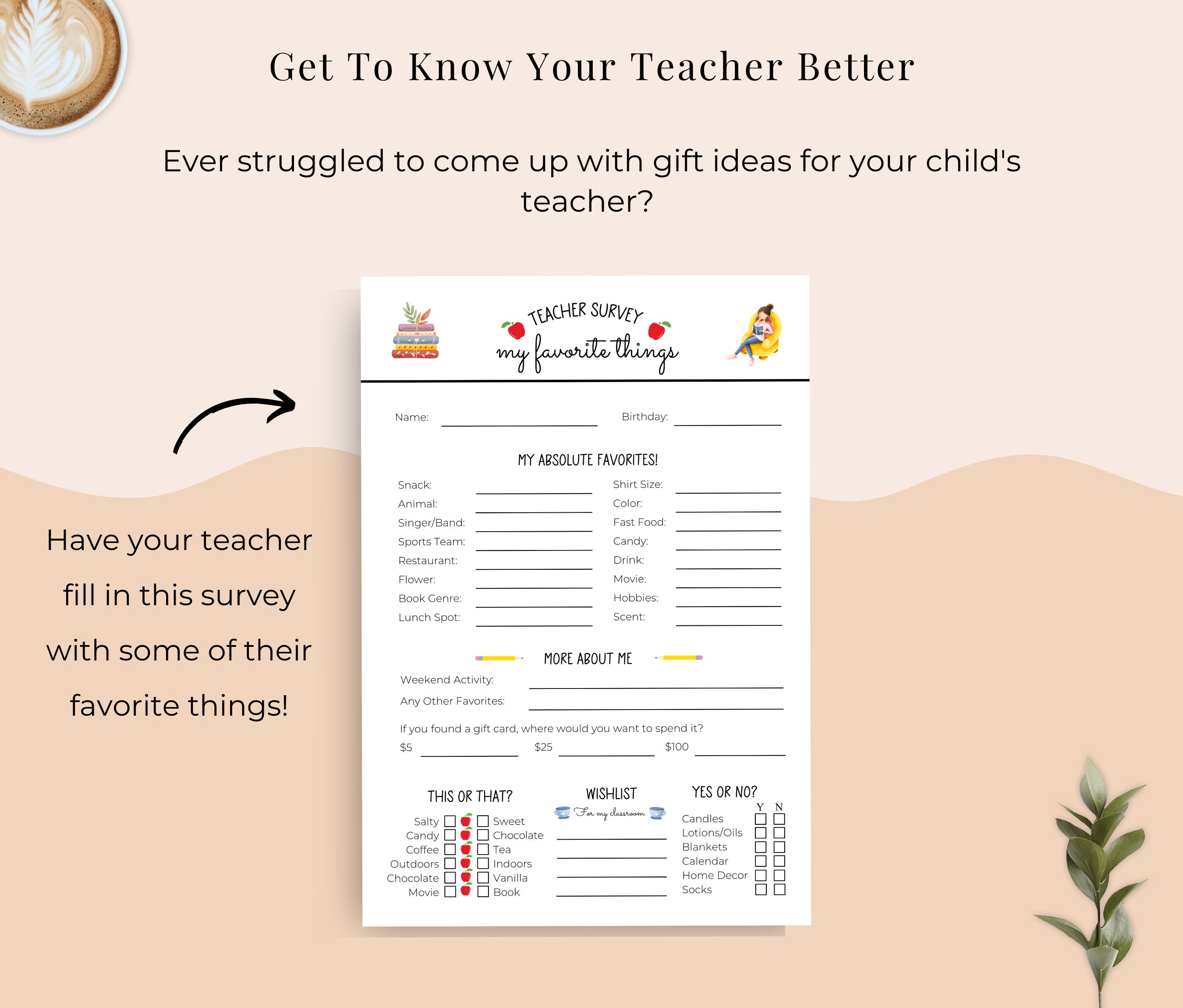 Teacher Survey All About My Teacher, Get to Know Me Favorites Survey ...