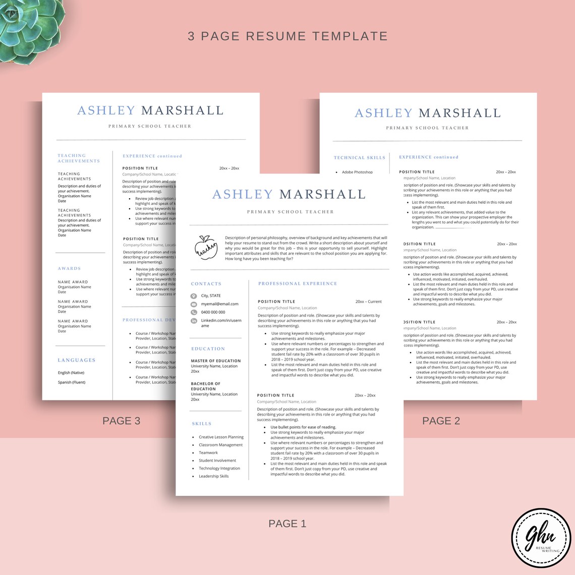 Teacher Resume Template for Word & Google Docs Teacher CV - Etsy