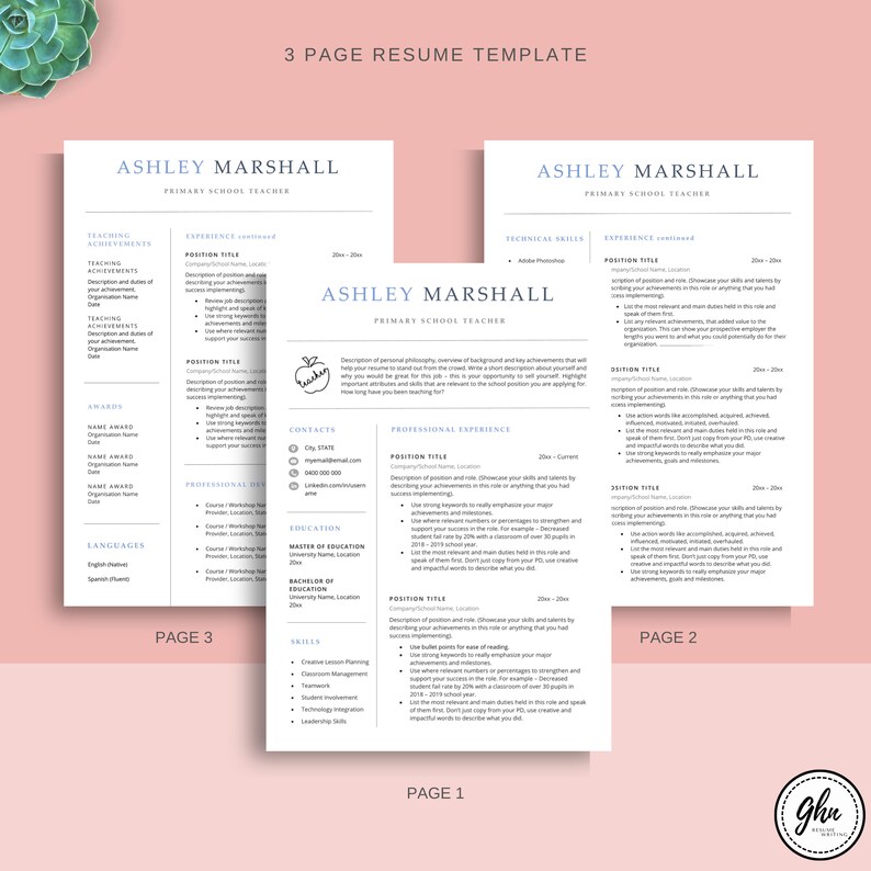 Teacher Resume Template for Word & Google Docs Teacher CV - Etsy