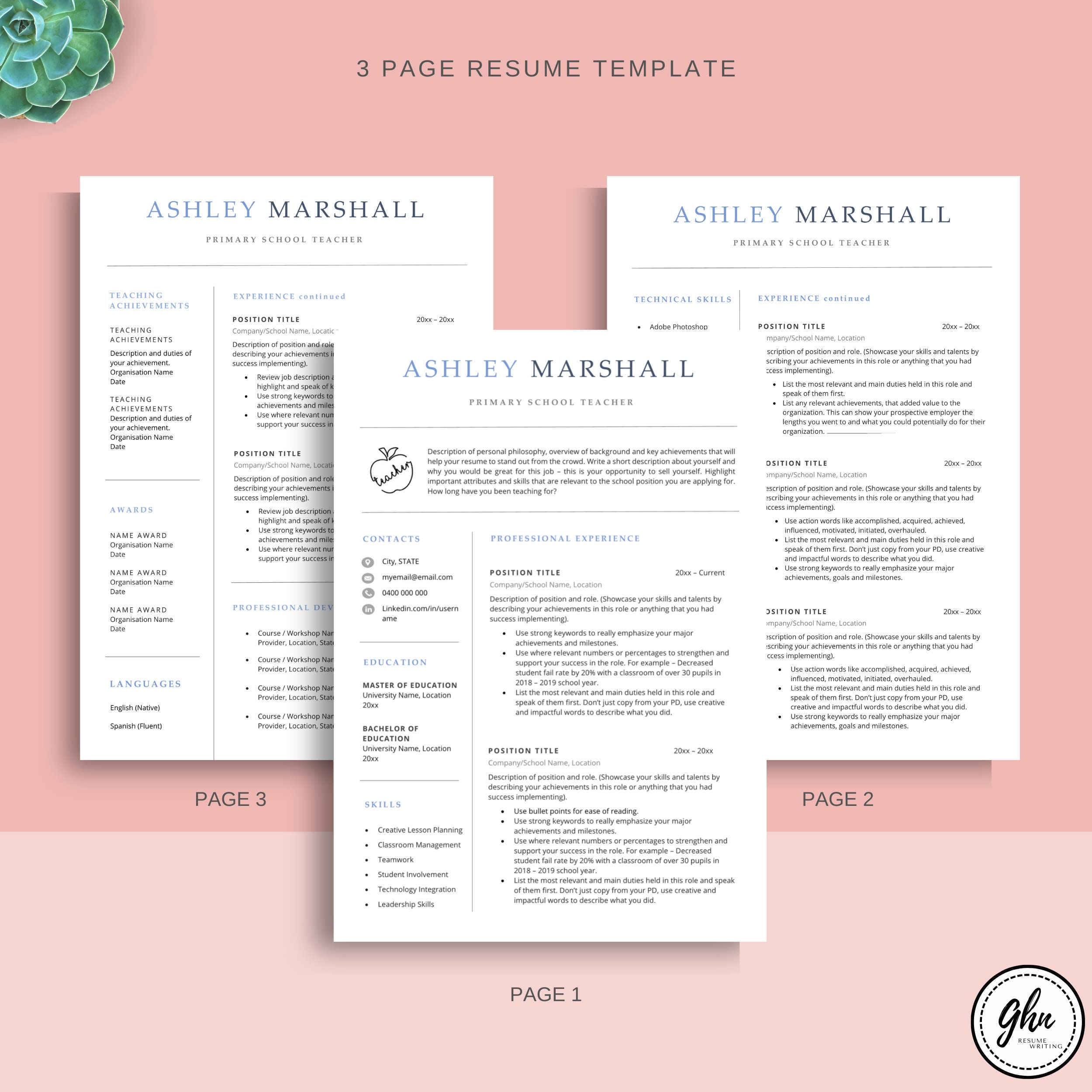 Teacher Resume Template for Word & Google Docs Teacher CV - Etsy