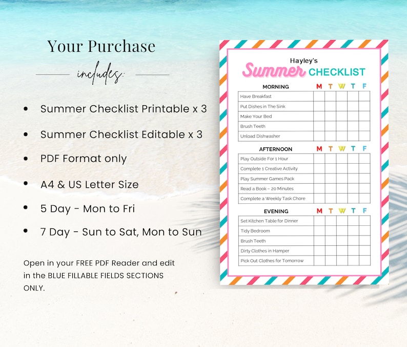 Summer Checklist for Kids, Chore Chart for Kids, Summer Rules, to Do ...