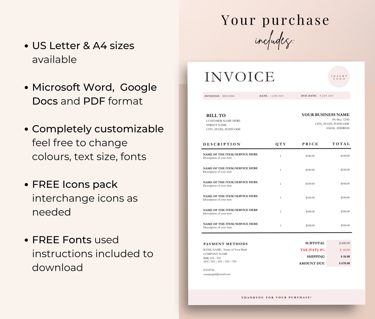 Invoice Template for Word & Google Docs, Invoice Template Editable ...