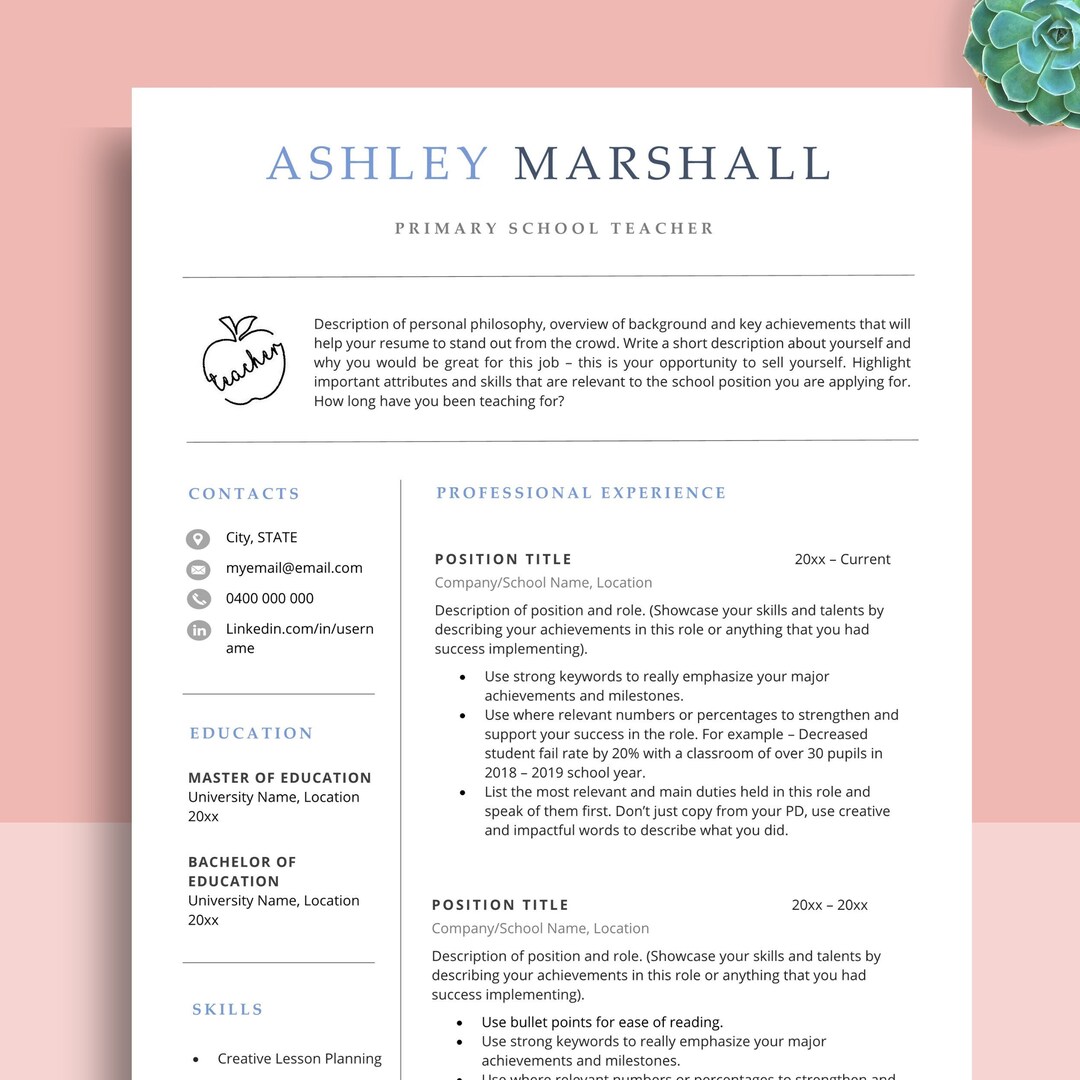Teacher Resume Template for Word & Google Docs Teacher CV - Etsy