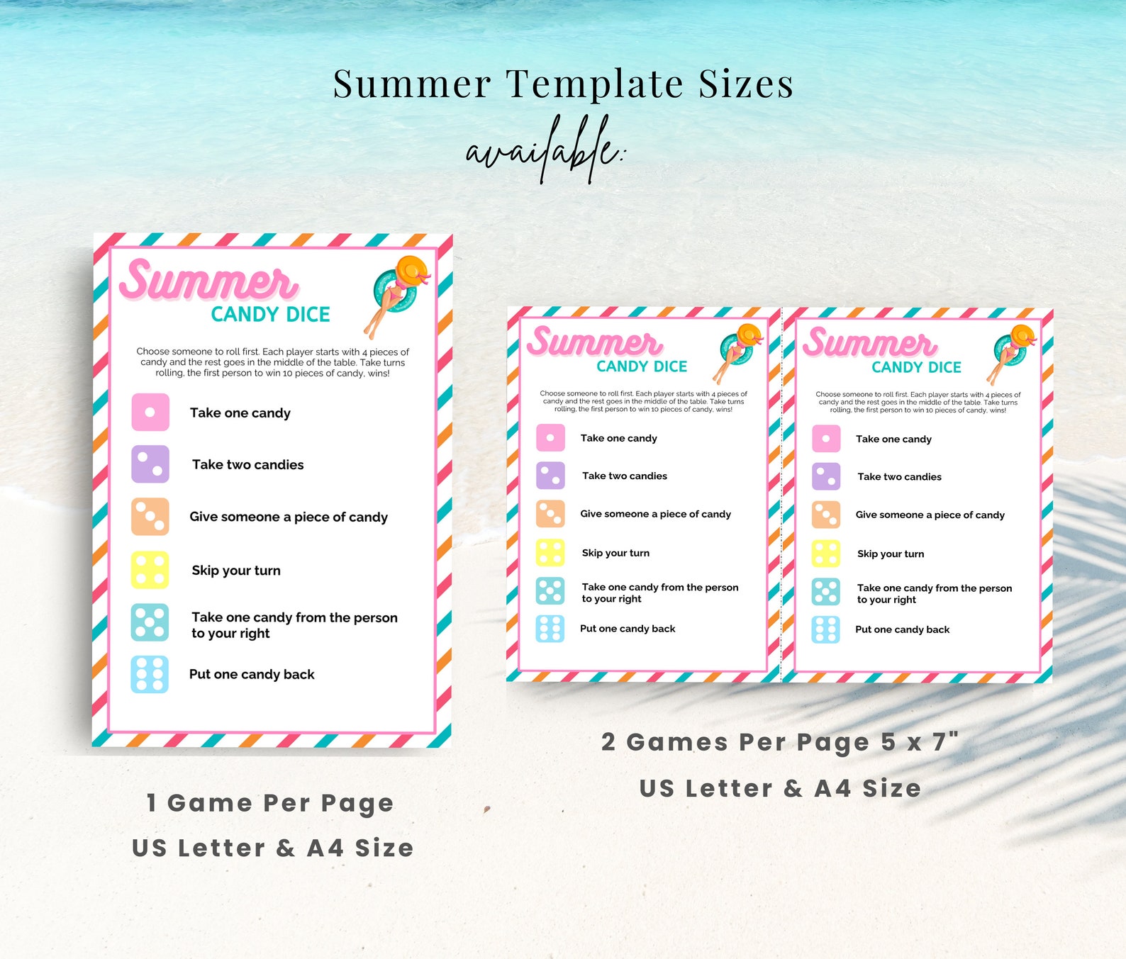 Summer Candy Dice Game, Printable Summer Game, Summer Party Games, Pool ...
