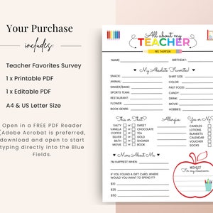 Teacher Favorites Printable, Back to School Teacher Survey, Teacher ...
