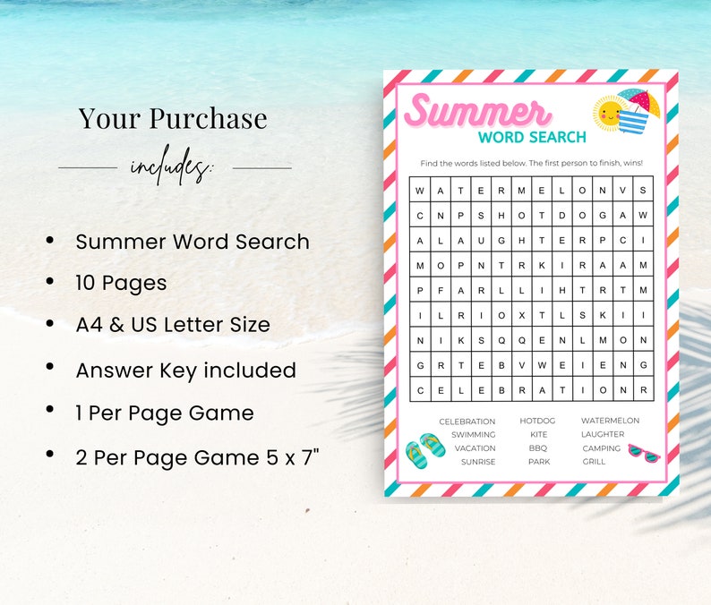 Summer Word Search Printable, Summer Word Puzzle, Summer Activities for ...