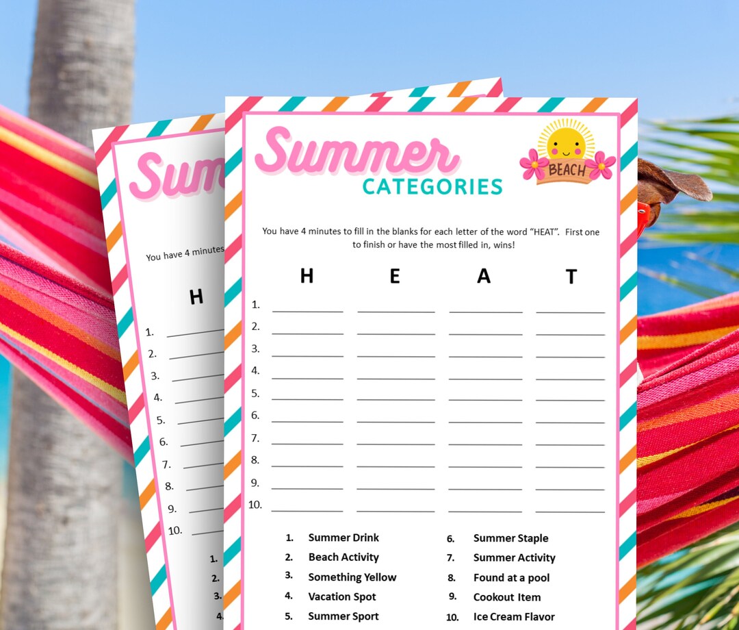 Summer Scattergories Game, Summer Party Game, Summer Word Game, Fun ...