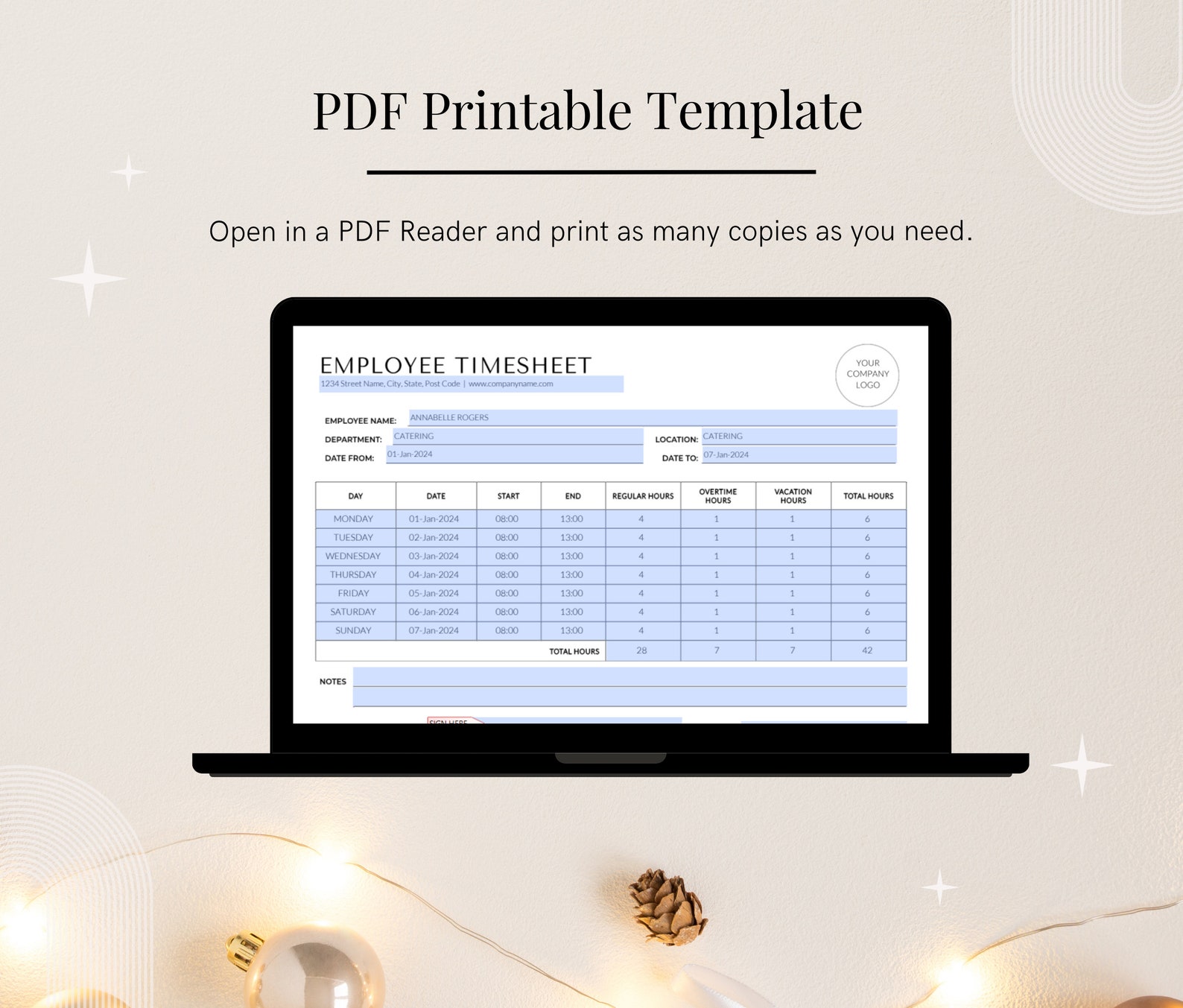Timesheet Fillable PDF, Timesheet Tracker, Employee Timesheet ...