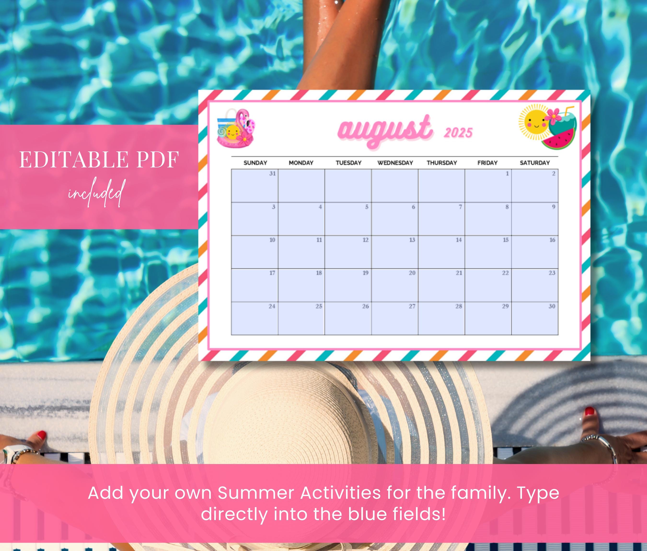 Editable August 2025 Calendar, Printable Classroom Calendar, Summer ...
