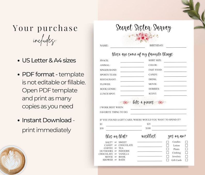 Secret Sister Questionnaire Get to Know You Template Secret Sister ...