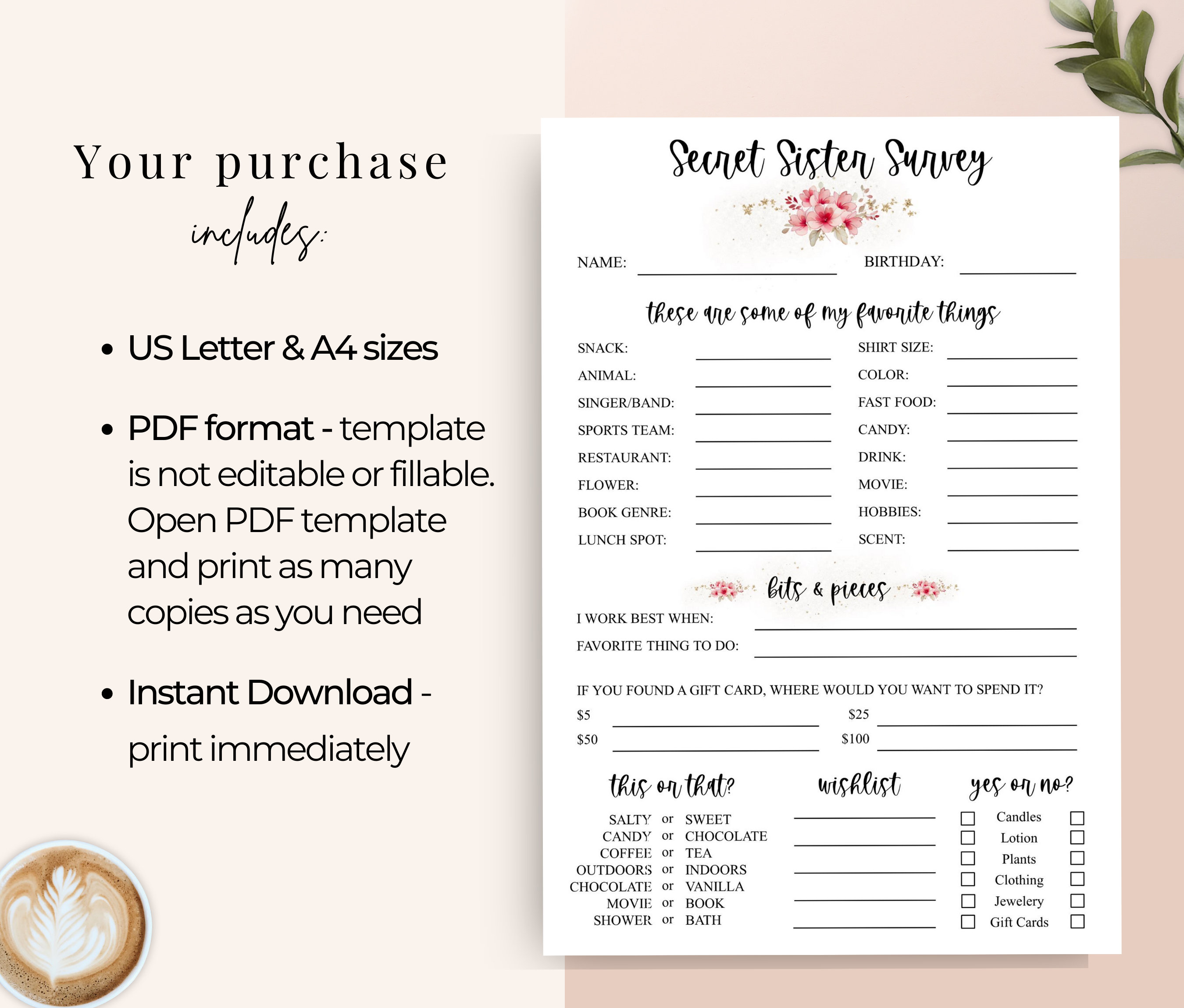 Secret Sister Questionnaire Get to Know You Template Secret Sister ...