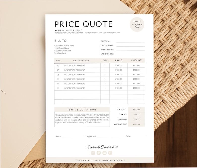 Price Quote Template, Job Estimate Form, Quotation Template, Printable ...