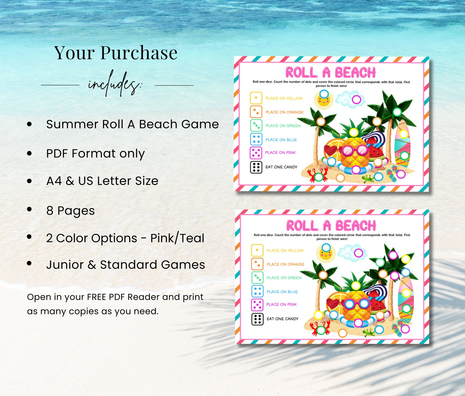 Roll A Beach Game, Printable Roll Dice Game, Dice Game for Kids and ...
