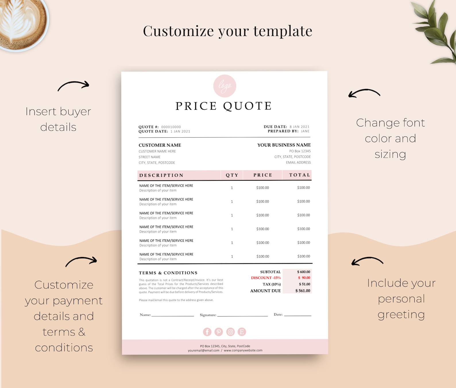 Quote Template, Editable Quotation Template, Quote Form, Small Business ...