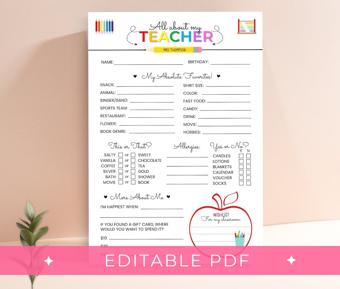 Teacher Favorites Printable, Back to School Teacher Survey, Teacher ...