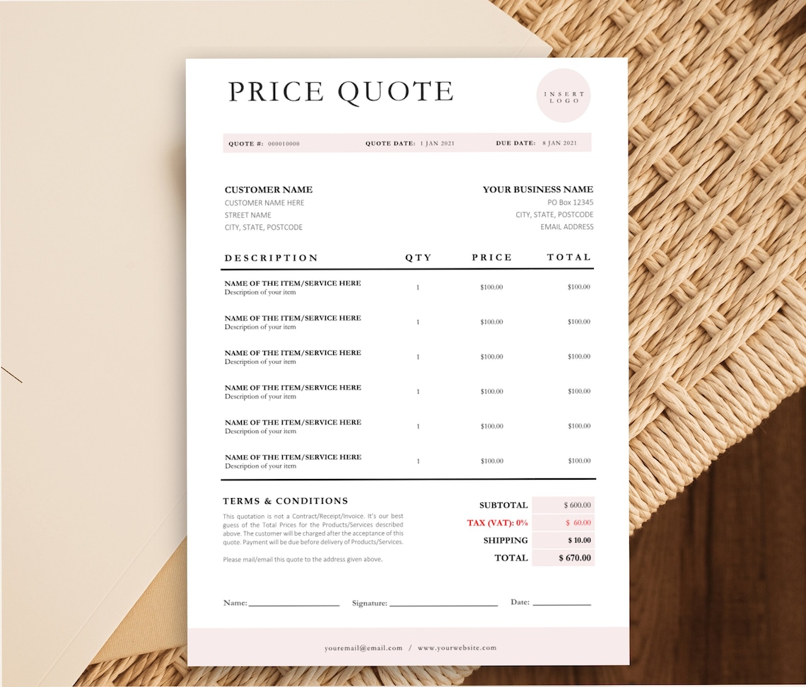 Price Quotation Template, Job Estimate Form, Editable Quotation ...