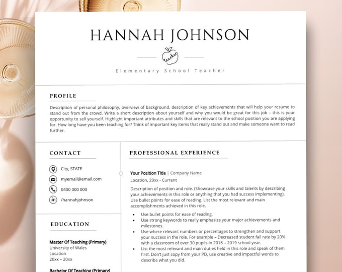 Teacher Resume Template, Word & Pages, CV Template Teacher, Education ...