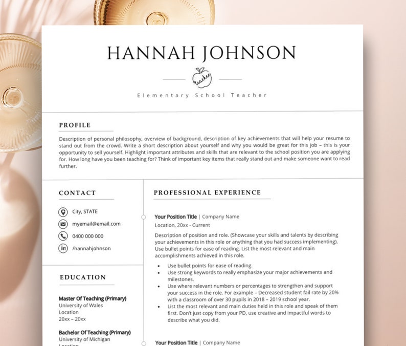 Teacher Resume Template, Word & Pages, CV Template Teacher, Education ...