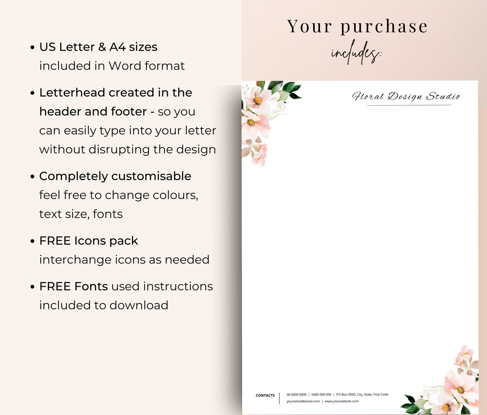 Floral Letterhead Template, Personal Letterhead for Word, Printable ...