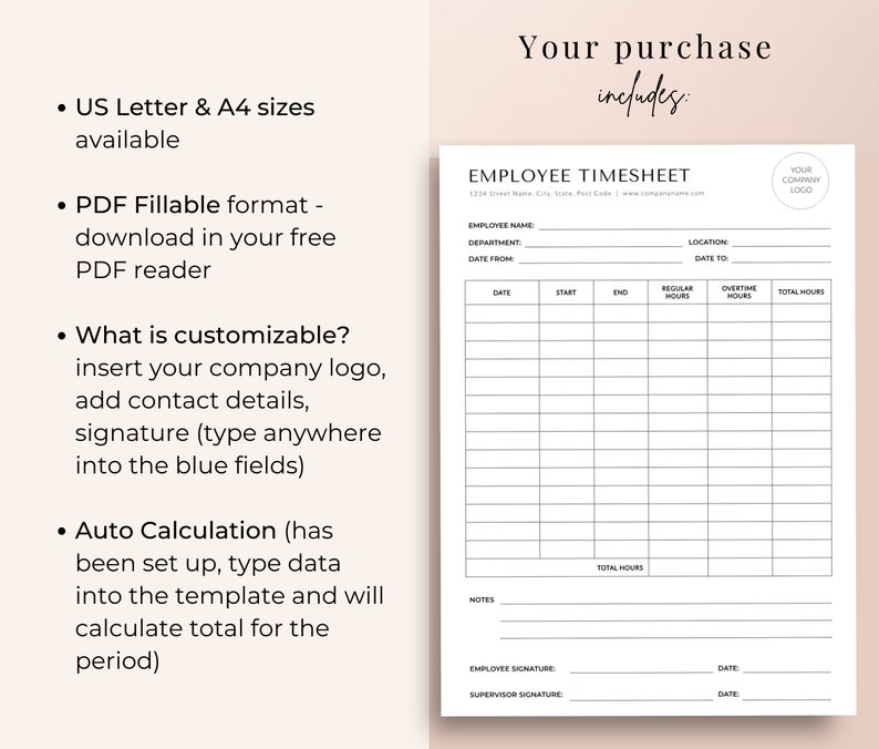 Employee Timesheet, Editable Timesheet, Time Card, Time Tracker ...