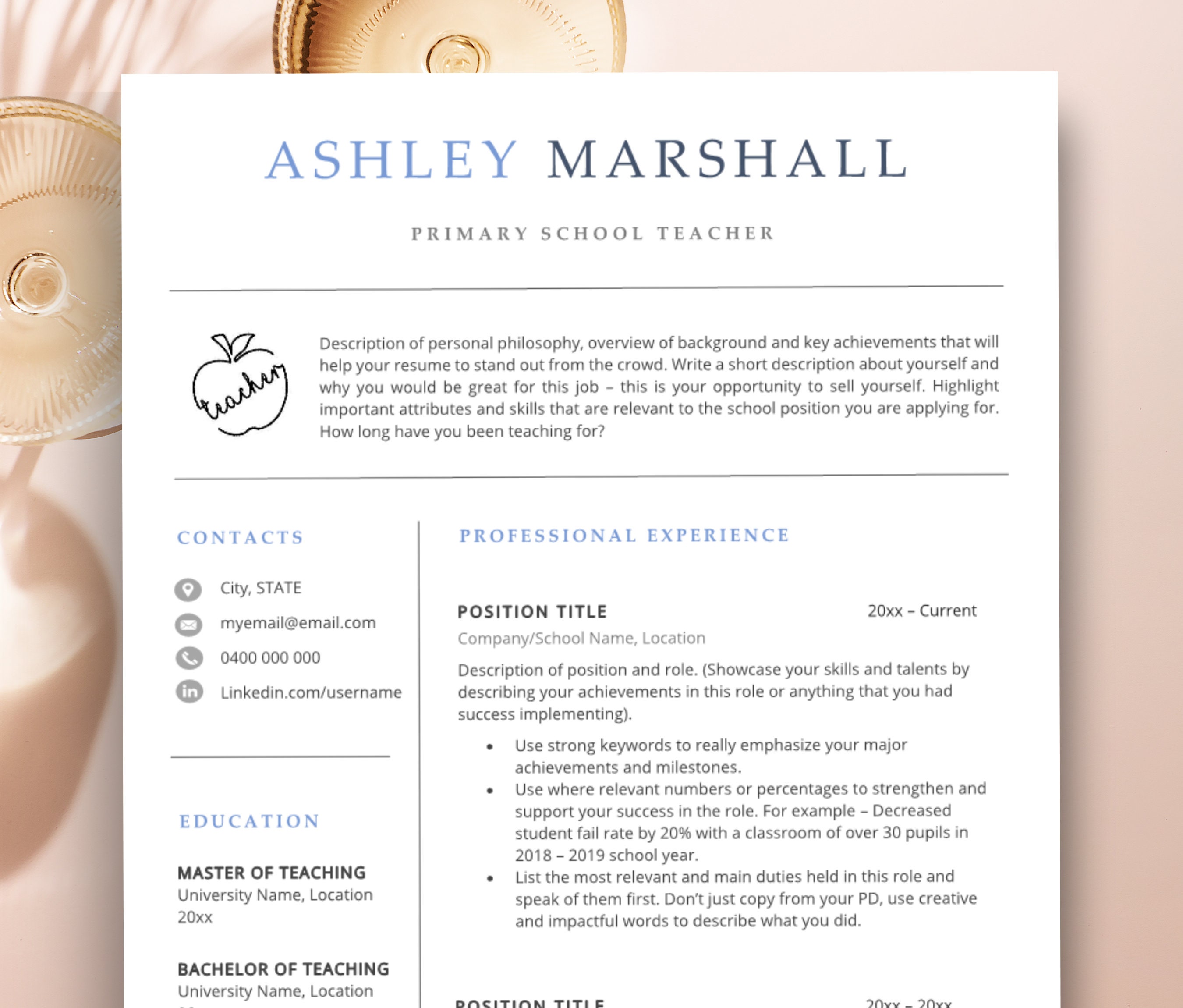 Teacher Resume Template for Word & Google Docs, Teacher CV Template ...
