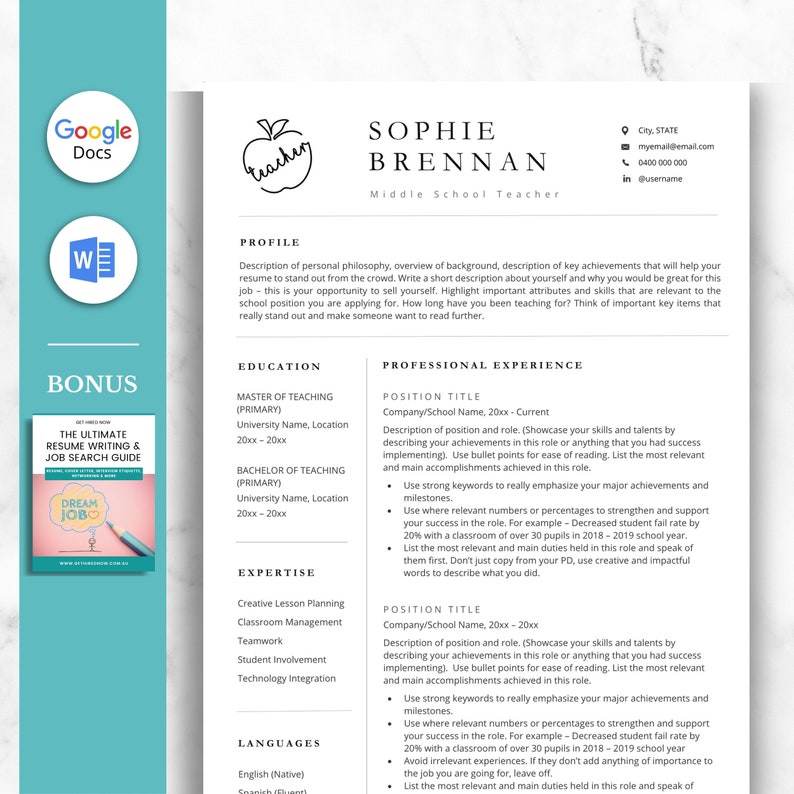 Teacher Resume Template for Word Elementary School Resume | Etsy